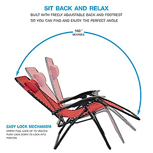 Sun-Ray Oversized Patio Chair with Leg Stabilizers and Big Cupholder, Adjustable Zero Gravity Folding Reclining Outdoor Chair with Pillow, Ruby Red