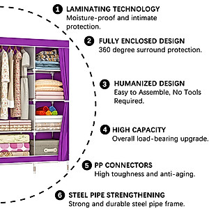 ZZBIQS Clothing Wardrobe Closet, Portable Non-Woven Fabric Garment Clothes Wardrobe Storage Organizer Shelf Rack, DIY Armoire Storage with Hanging Rod(Purple)