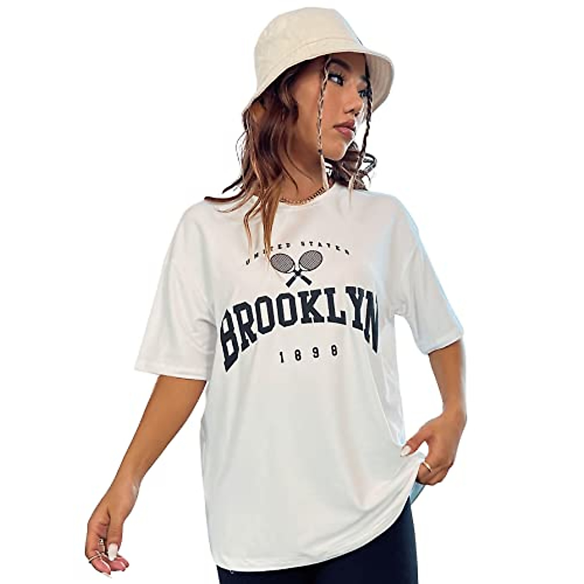 Verdusa Women's Casual Crewneck Short Sleeve Letter Graphic Drop Shoulder Oversized Tee T Shirt White S