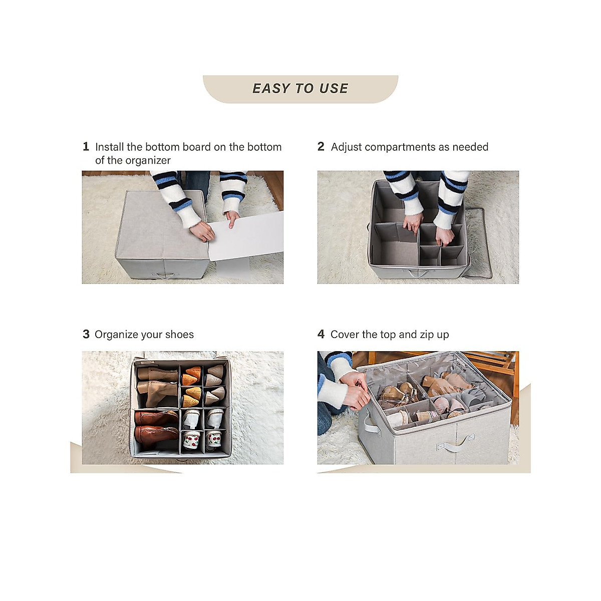 StorageWorks Shoe Organizer for Closet, Extra Large Fabric Shoe Storage Bins with Clear Cover, Adjustable Dividers for Shoe Storage, Grey, 1-Pack, Fits up to 24 Pairs