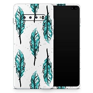 DesignSkinz Splattered Teal Watercolor Feathers Protective Vinyl Decal Wrap Skin Cover Compatible with The Samsung Galaxy S20 (Screen Trim & Back Glass Skin)