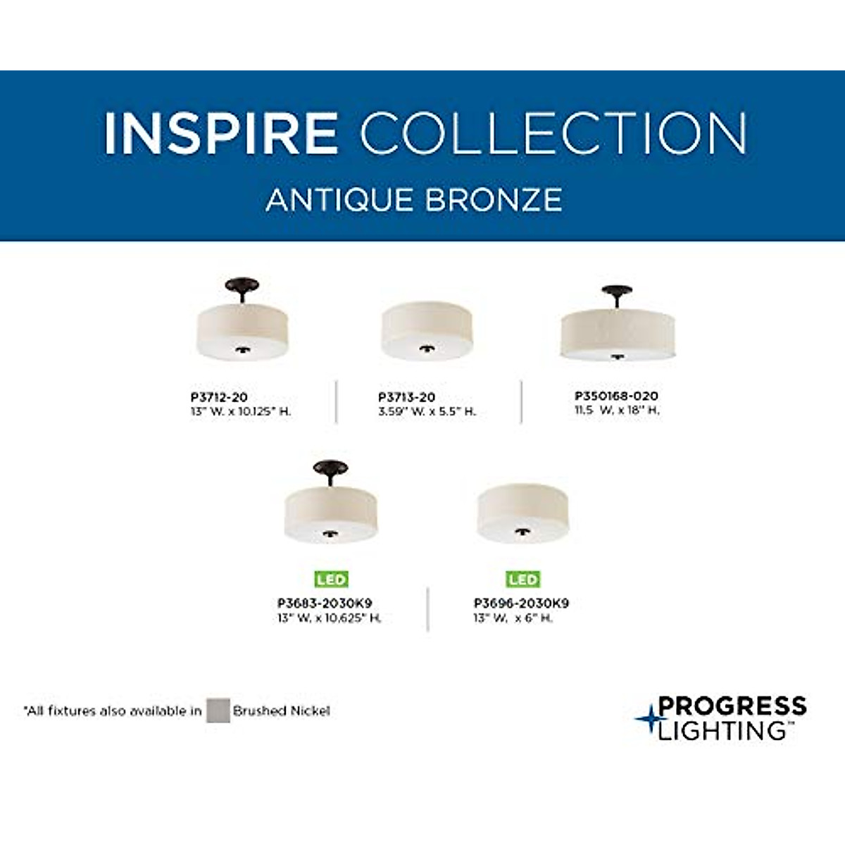 Progress Lighting P3712-20 Inspire Close-to-Ceiling, 13” diameter|10-1/8” height, Off-White Linen shade, Antique Bronze