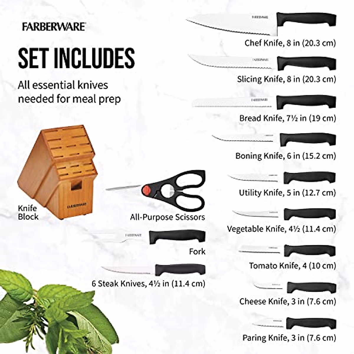 Farberware Never Needs Sharpening High-Carbon Stainless Steel Knife Block Set with Non-Slip Handles, 18 Piece, Black