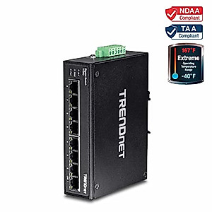 TRENDnet 8-Port Hardened Industrial Gigabit DIN-Rail Switch, 16 Gbps Switching Capacity, IP30 Rated Metal Housing (-40 to 167 ºF), DIN-Rail & Wall Mounts Included, Lifetime Protection, Black, TI-G80