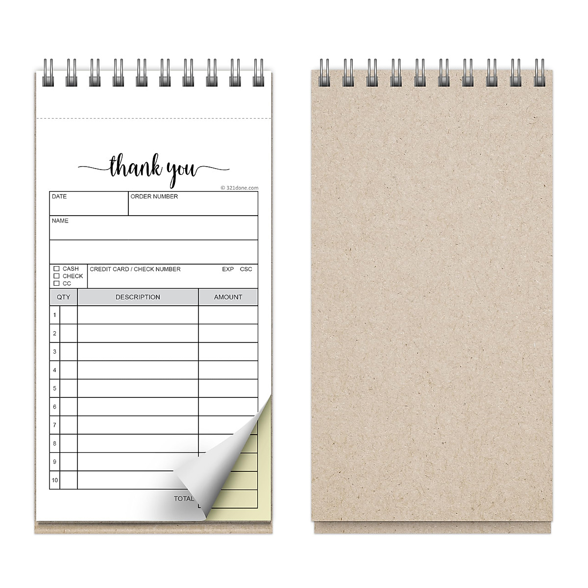 321Done Thank You Receipt Book, 3.4x5.5 2-Part Carbonless Spiral Bound - Made in USA, Receipt Book with Carbon Copies for Small Business, 50 White/Yellow Pages