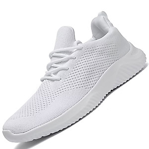Mens Slip-on Tennis Shoes Walking Running Sneakers Lightweight Breathable Casual Soft Sole Mesh Work Gym Trainers White