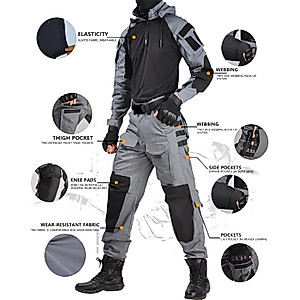 HAN·WILD Men's Tactical Suit Combat Pants and Shirts with Hood Military Uniform Airsoft Clothing with Knee Pads（GRAY）