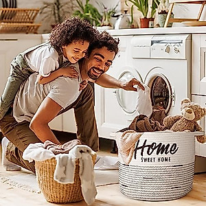 Vnkesno Large Woven Cotton Rope Storage Baby Basket White Laundry Clothes Hamper, Toy Storage Basket for Dog, Cat, Decorative Basket Blankets Organizing for Living Room, Laundry, Nursery-14.7" ×11.8"