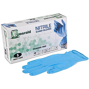 Emerald -100 Pack- Nitrile Medical Exam Gloves, Latex Free, Powder Free, Blue, Size: Small