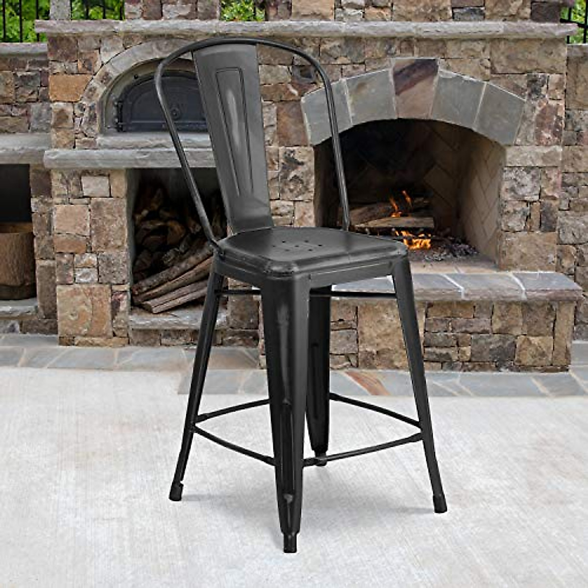 Flash Furniture Carly Commercial Grade 24" High Distressed Black Metal Indoor-Outdoor Counter Height Stool with Back