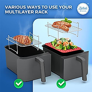 Air Fryer Rack for Double Basket Air Fryers, 304 Stainless Steel Multi-Layer Rack, Air Fryer Accessories Dehydrator Rack Compatible with Dual/Double/Two Basket Air Fryers