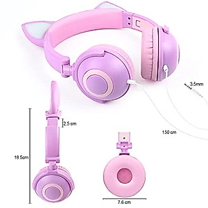 LOBKIN Headphones Kids, Headphones Cat Ears with LED, 85dB Volume Limiter, Foldable, Kids Headphones with Wire for Girls Boys (Purple+Pink)