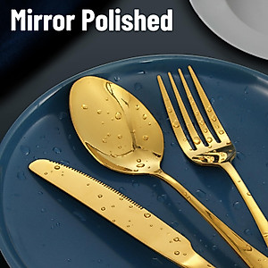 SDOM Silverware Set, Mirror Finish 24-Piece Stainless Steel Rounded Flatware Set for 6, Food-Grade Tableware Cutlery Set, Utensil Sets for Home Restaurant, Dishwasher Safe（Gold）