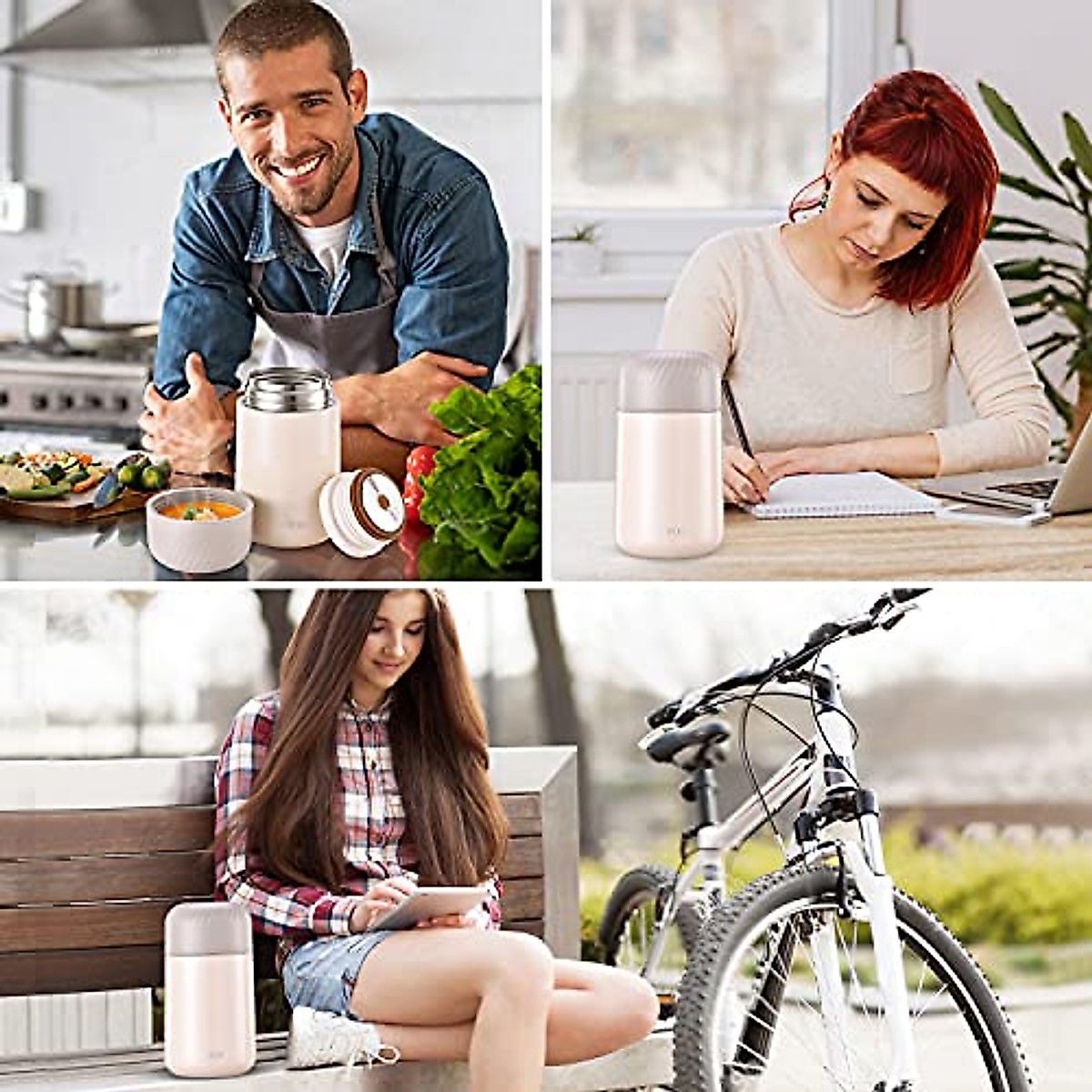 FEWOO Food Thermos, 27oz Vacuum Insulated Soup Flask, Stainless Steel Lunch Container for Hot Food, Leak Proof Food Jar with Folding Spoon for School Office Travel