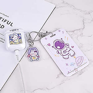 Fycyko Compatible with AirPods 2 Case Clear Cute Cartoon Rabbit Keychain Protective Cover Space Astronaut Purple Pattern Card Cover Credit Card ID Window Design for AirPods 2 &1