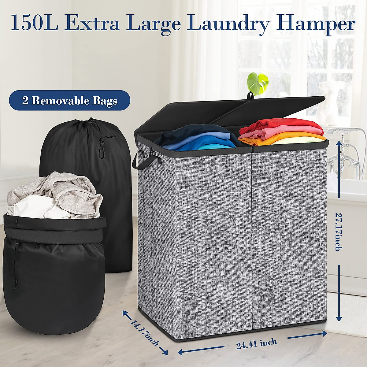 Pheswisom 150 L Extra Large Laundry Hamper with Lid, Double Laundry Hamper 2 Section with Removable Bags, Dirty Clothes Hamper for Storage Sorter, Dual Laundry Hamper for Bedroom, College, Dorm, Grey