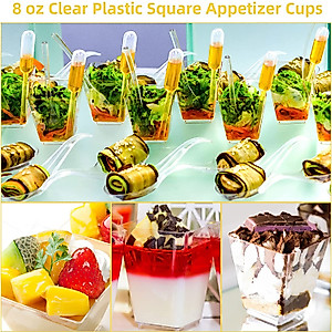 Pvieked 120 Pack 7 Oz Square Plastic Cups with Spoons, Appetizer Cups Clear Plastic Dessert Cups Small Tumbler Cups Disposable for Ice Cream, Fruit Puddings, Desserts, Wedding Party Catering Supplies