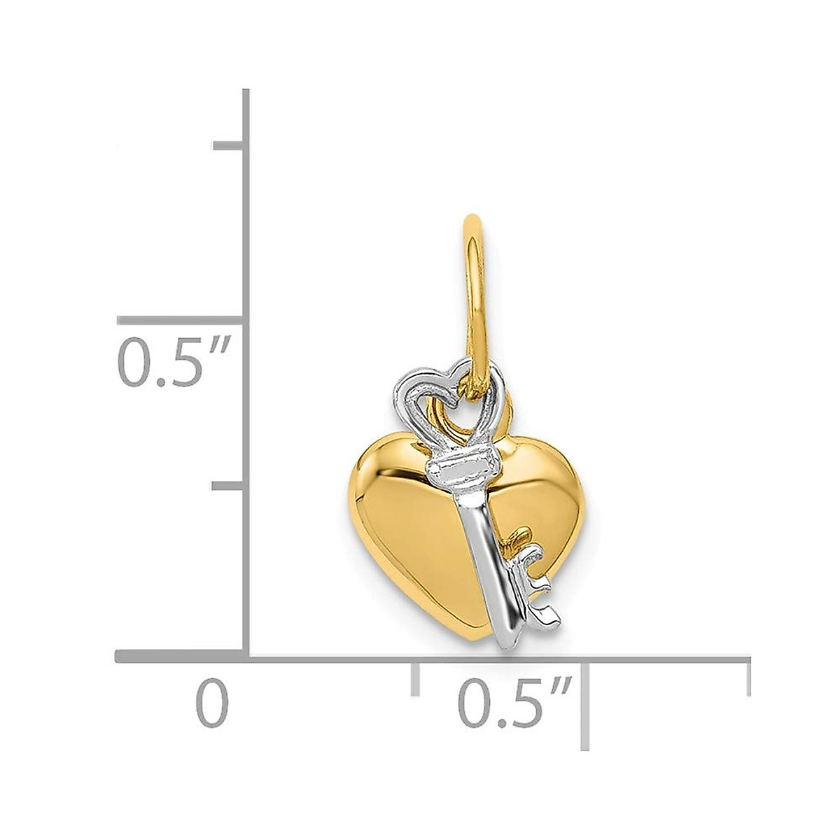 Solid 14k Yellow and White Gold Two Tone Key and Heart Lock Charm Pendant - 15mm x 9mm