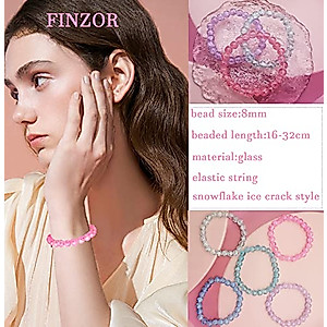 FINZOR 15Pcs Beaded Bracelets Handmade Stretch Glass Bracelet for Women Multicolor Snowflake Crack Crystal Beads Bracelet Elastic Round Bead Bracelets Jewelry Adjustable 8mm