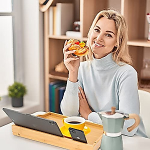 Greenual 2 Pack Bed Tray Table with Handles Folding Legs, Bamboo Breakfast Food Tray with Media Slot, Use As Platter, Laptop Desk, Snack, TV Tray Kitchen Serving Tray