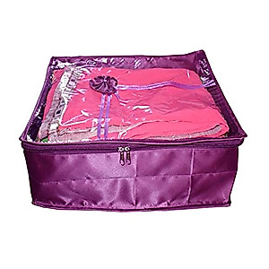 atorakushon 12 Piece Fabric Satin Saree Cover Clothes Storage Bags Set With Transparent Window Extra Large Wardrobe Garments Organizers (Purple)
