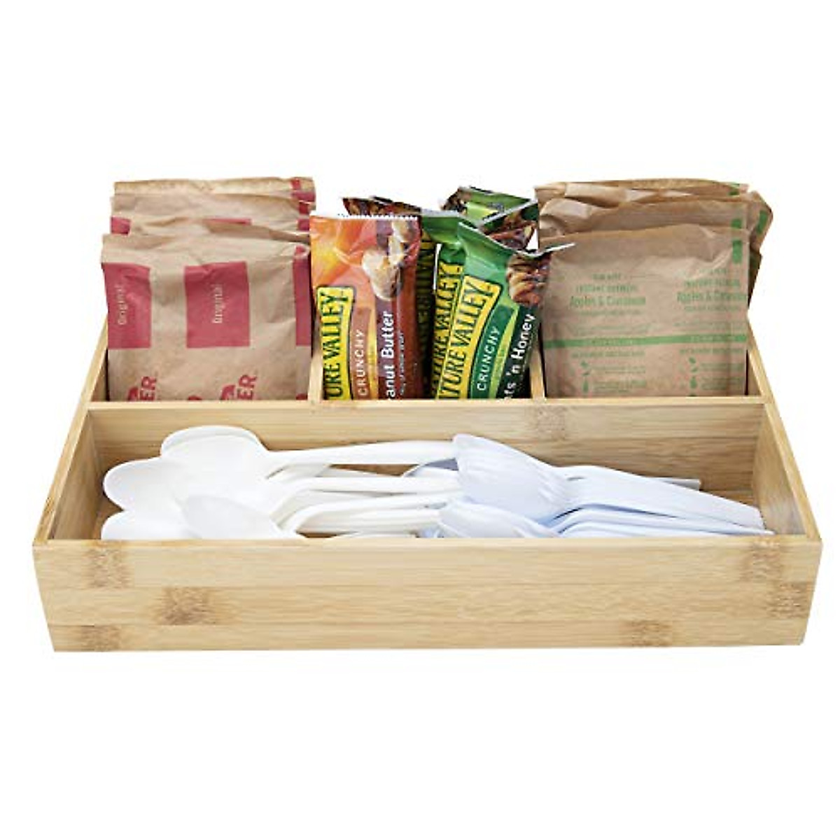 Mind Reader Bamboo Desk, Drawer, Coffee Condiment, Makeup Organizer, 4-Section, Brown