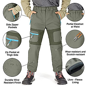 linlon Kids Boy's Snow Waterproof Pants Youth Fleece Lind Hiking Softshell Warm Insulated Ski Trousers 9056-Army Green-L