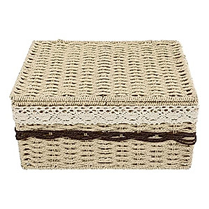 Homoyoyo Collapsible Laundry Baskets Wicker Storage Baskets Seagrass Storage Basket Bin Rectangular Wicker Basket with Lid for Shelves and Home Organizer Beige Small Storage Baskets Woven Baskets