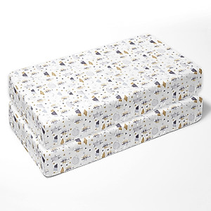 Bacati - 2 Pack Woodlands Bears Bison Owls Printed Neutral 100% Cotton Universal Baby US Standard Crib or Toddler Bed Fitted Sheets (Beige/Grey)