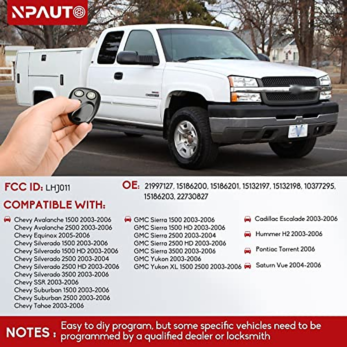 NPAUTO Key Fob Fits for Chevy Silverado Avalanche Suburban Tahoe SSR Equinox 2003 04 05 2006 GMC Sierra Yukon XL/ Saturn Vue/ Hummer H2/ Cadillac Escalade/ Pontiac Keyless Entry Remote, LHJ011, 2Pcs