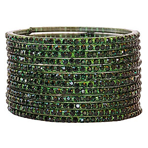 JD'Z COLLECTION Indian Bangles For Women Bollywood Glass Bangles Bridal Ethnic Jewelry Set Costume Matching Wedding Designer CZ Stone Jewellery Bangle Bracelets Set Of 12 (Dark Green, 2.4)