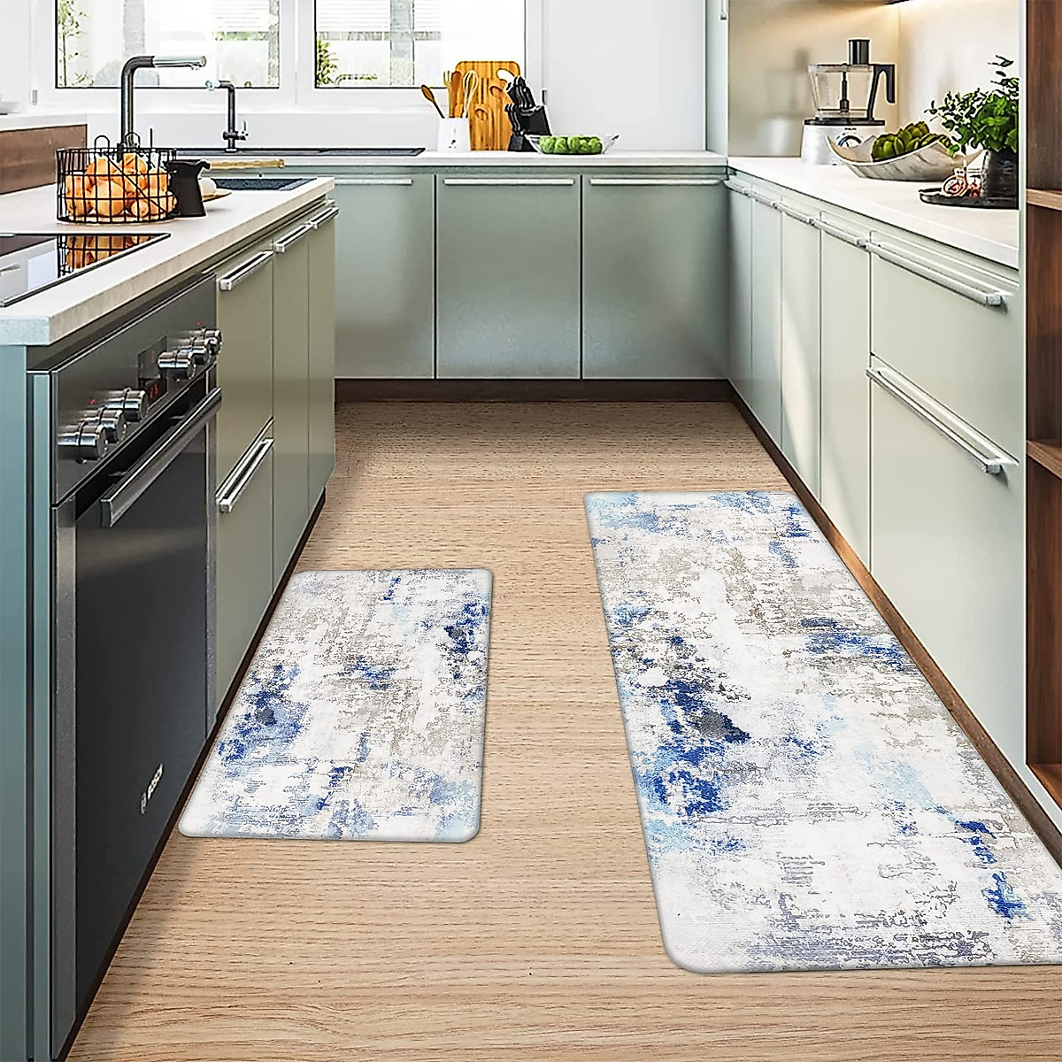 AQQA Rugs for Kitchen Floor, Area Rug Blue and Grey Abstract Art Painting Kitchen Rug Sets,Non Slip Rugs and Mats Anti Fatigue Comfort Standing Rug for Bathroom, Laundry, Bedroom,17"x 27"+17"x 47"