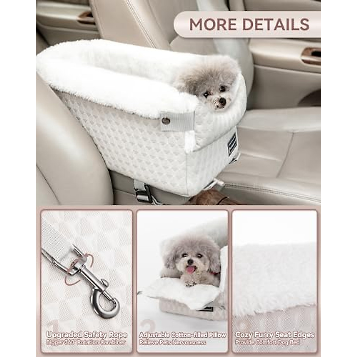 PETSFIT Center Console Dog Car Seat with Safe Protection Hooks, Pet Car Seat with Upgraded Safety Tethers, Washable Cushion, Console Dog Car Seats for Small Dogs Up to 12 Lbs(Grey)