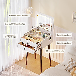 Lvifur Small Vanity Desk with Flip Top Mirror and Lights, Auto Sensor Dressing Table with Charging Station, Farmhouse Makeup Vanity Table with Jewelry Storage Drawer for Bedroom (White)