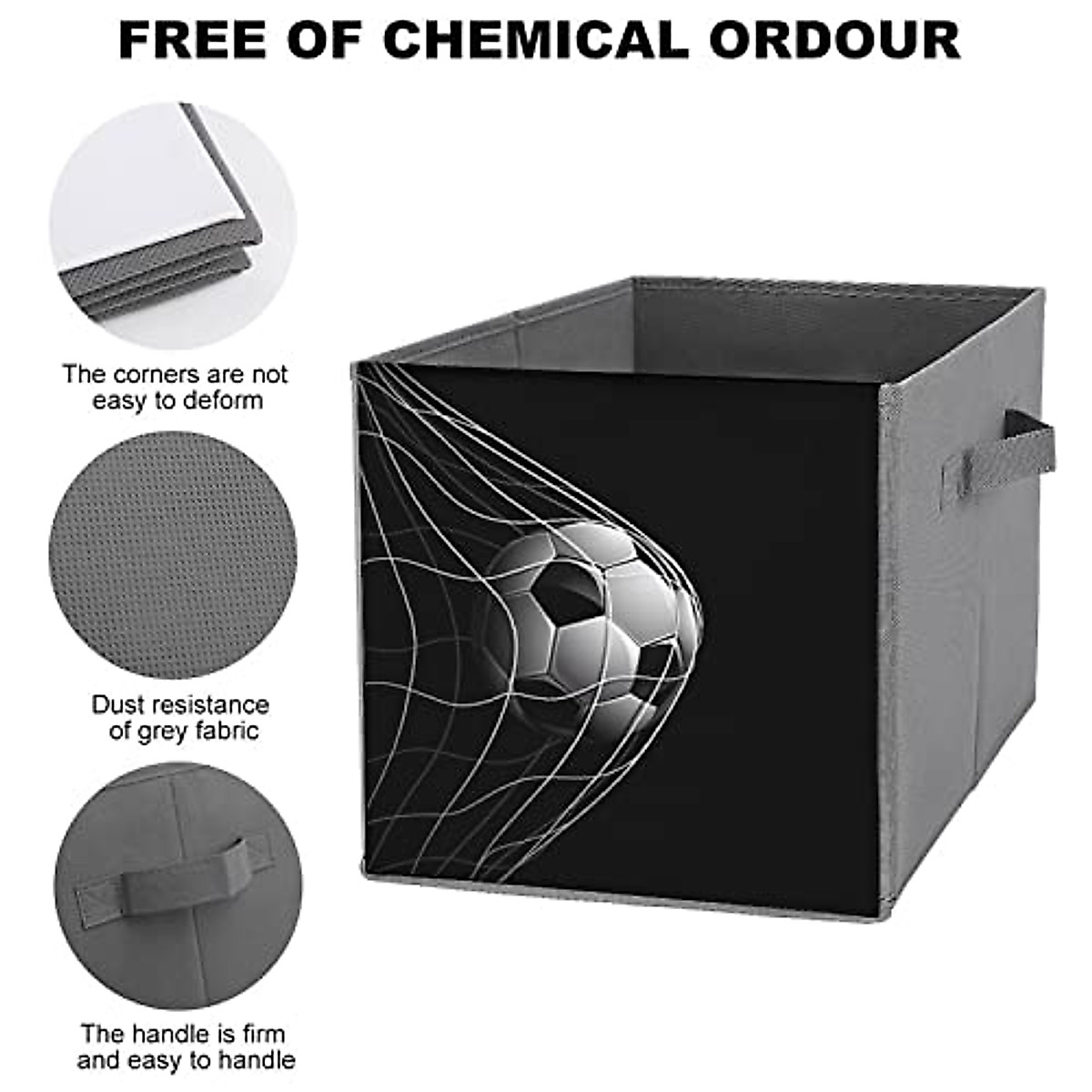Soccer Ball on Black PU Leather Collapsible Storage Bins Canvas Cube Organizer Basket with Handles