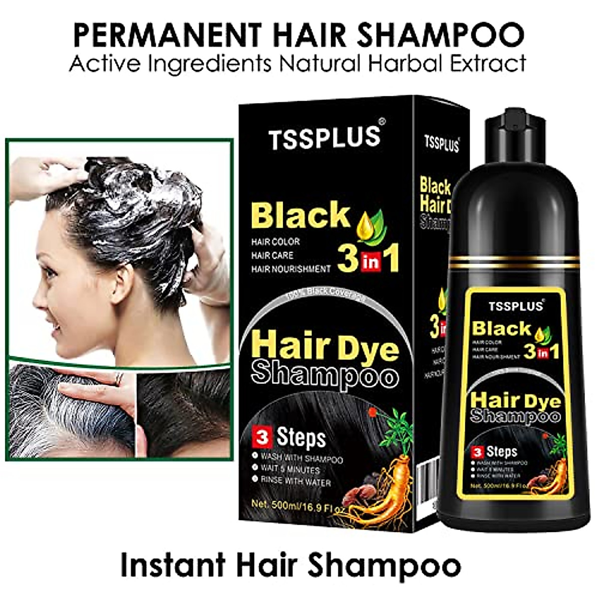 TSSPLUS Professional Black Herbal Hair Color Shampoo - Instant Gray Hair Coverage