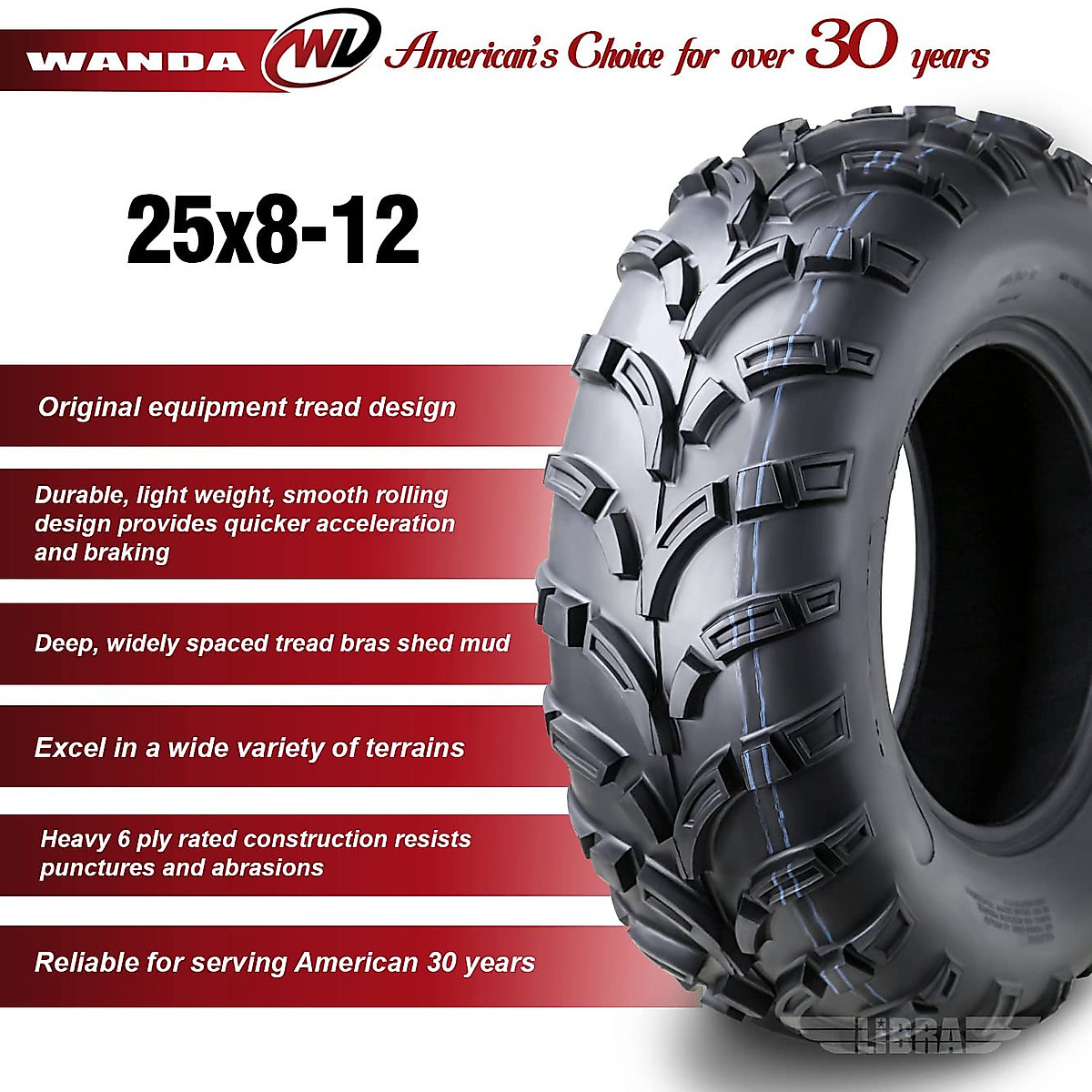 WANDA ATV/UTV Tires 25x8-12 25x8x12 6-Ply Light Mud Tires, Set 2-10243