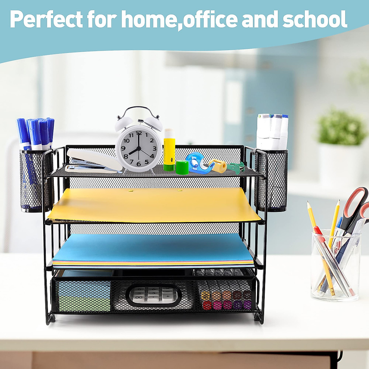 Hiaksedt Desk Organizers 4-Trays Desk File Organizers with 2 Hanging Pen Holders and Drawer,Paper Organizer for Desktop and Storage,Mesh Metal Office Supplies for Home Office