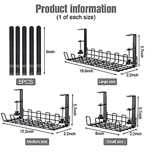 3 Pcs Under Desk Cable Management Tray with 5 Pcs Hook and Loop Strips 3 Sizes Desk Cable Organizer No Drill Wire Management Desk Metal Cord Organizer Black Cable Rack Cable Basket for Office and Home
