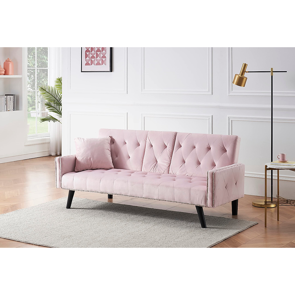 Modern Velvet Tufted Upholstered Futon Sofabed Living Room Loveseat Convertible Sleeper Couch Bed with Nailhead Decor and Drop-Down Cupholdes for Home Office Apartment
