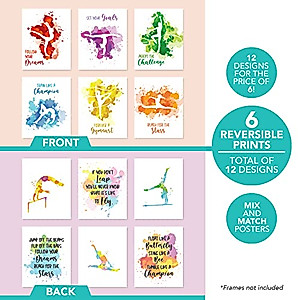 6 Reversible Gymnastics Posters for Girls Room - 8x10in Gymnastics Poster, 12 Designs Dance Posters for Studio, Gymnastics Wall Decor, Gymnastics Bedroom Decor, Cheerleading Wall Decor, Gymnast Poster