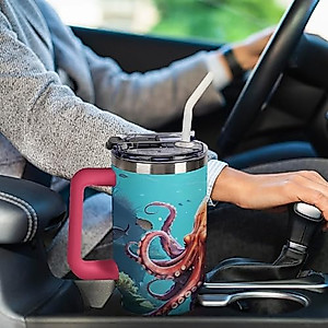 Octopus 40 Oz Car Cup Stainless Steel Travel Mug Leak-Proof Insulated Tumbler with Handle Light Rose Red-style