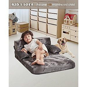 Weighted Idea Kids Sofa Toddler Couch Safe Sturdy for Boys, Soft Flannel Fabric Comfy Kid Couch Fold Out for Lounger, 2-in-1 Convertible Child Sofa Bed for Bedroom(Medium Grey)