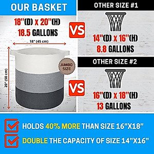 MINTWOOD Design 83L Extra Large 20x18 Inches Decorative Woven Cotton Rope Basket, Tall Laundry Basket Hamper, Blanket Basket for Living Room, Round Storage Baskets for Pillows, Towel, 3-Tone Dark Gray