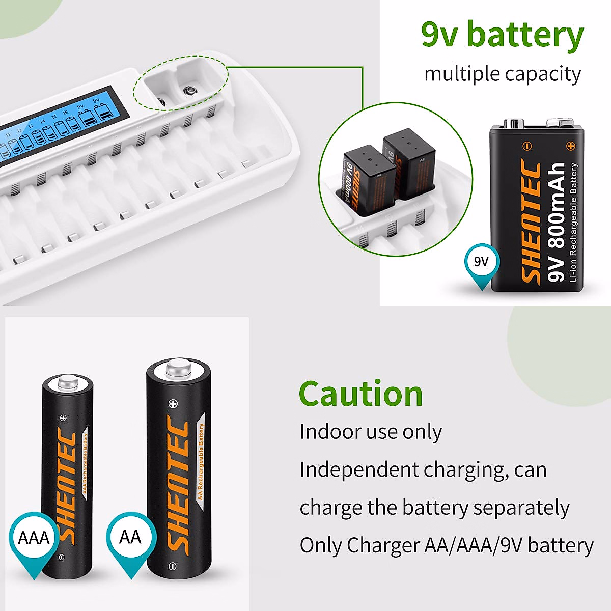 Shentec 16+2 Bay Smart Rechargeable Battery Charger with LCD Display for AA AAA NiMH Batteries & Li-ion 9V Rechargeable Batteries with AC Wall Adapter (Not Fit for AA AAA Li-ion Batteries)