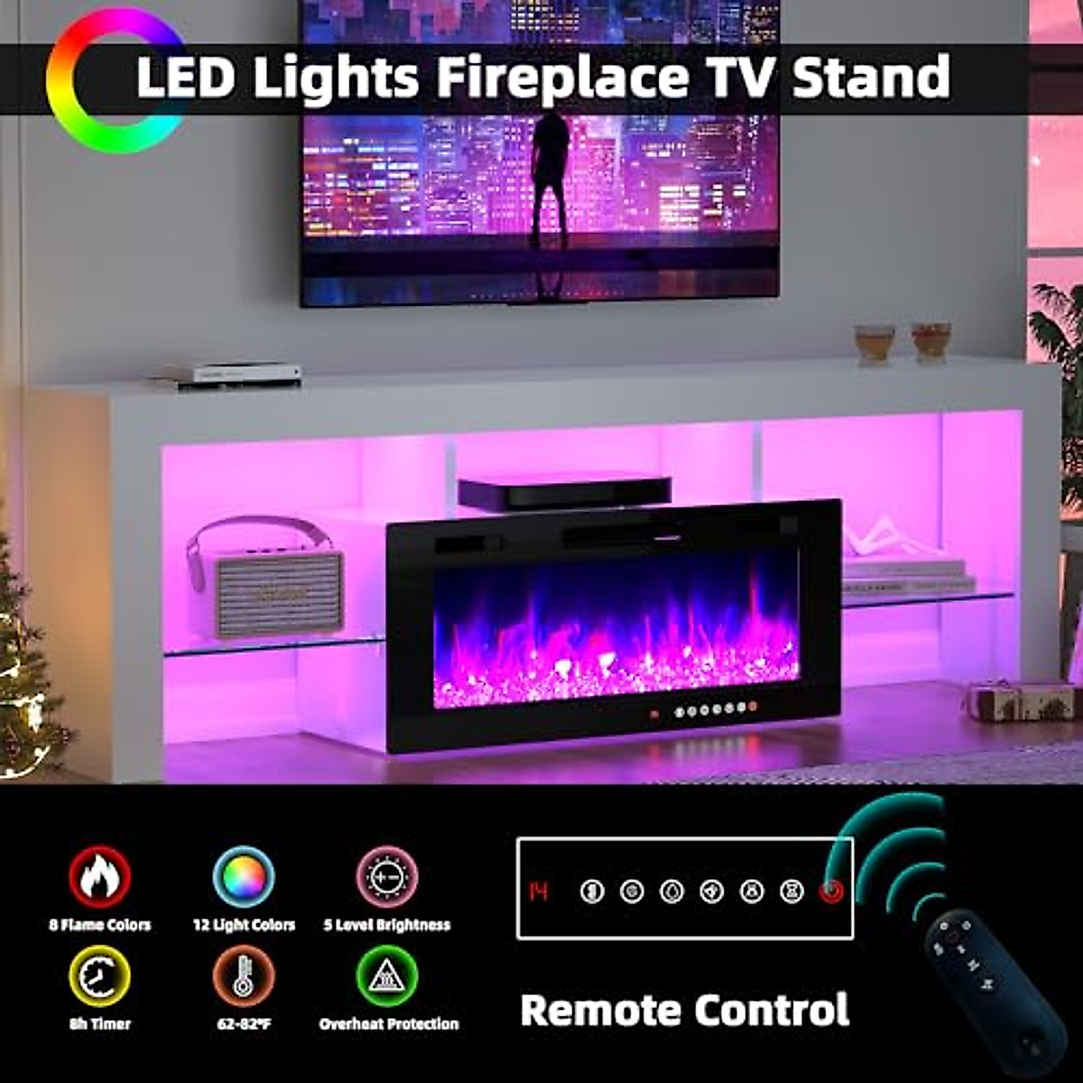 MU Modern 70" TV Fireplace Stand with 12-Color LED Lights & 12-Color Flame, High Gloss Floating Fireplace Entertainment Center with 36" Electric Fireplace (White, 70" TV Stand)