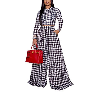 ksotutm 2 Piece Outfits for Women Long Sleeves Round Neck Plaid Short Tshirt High Waist Wide Leg Full Length Pants Set