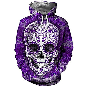 GIOSG Men's 3D Printed Hoodie Novelty Skull Sweatshirt Pullover with Pocket Hoodies,Purple,XL