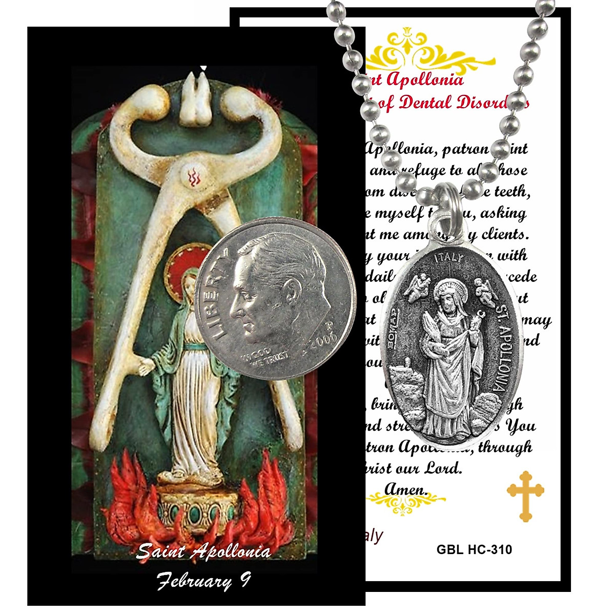Gifts by Lulee, LLC Saint Apollonia Patron of Dentists and Those with Dental Disease Silver Oxidized Medal Blessed Prayer Card and Set with everything (SET)