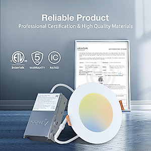 Amico 6 Pack 4 Inch 5CCT Ultra-Thin LED Recessed Ceiling Light with Junction Box, 2700K/3000K/3500K/4000K/5000K Selectable, 11W Eqv 70W 800LM Brightness Dimmable Canless Wafer Downlight, ETL & FCC